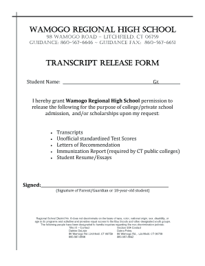 Fillable Online Transcript Release Form Wamogo Regional High School Fax ...