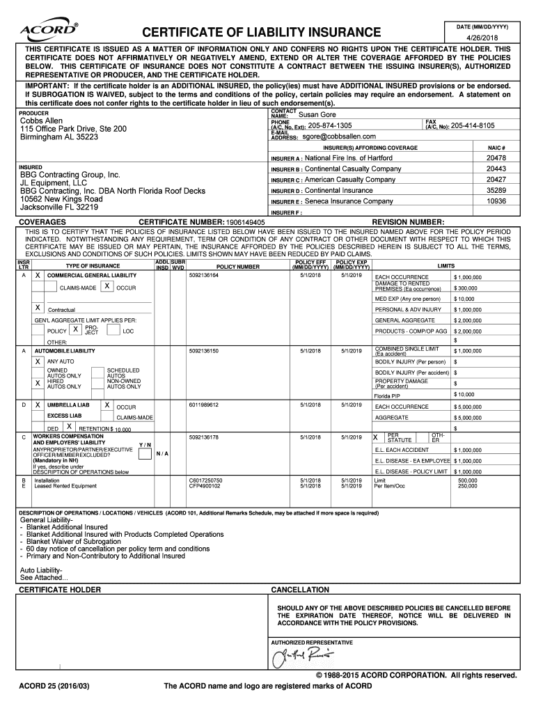 Fillable Online certificate of liability insurance - BBG Contracting Fax Email Print - pdfFiller