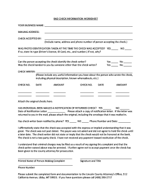 Fillable Online Bad Check Information Worksheet Fax Email Print - pdfFiller