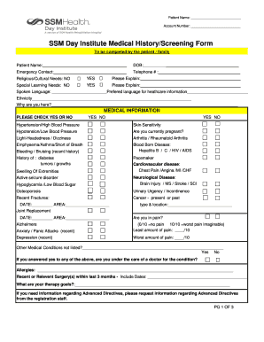 Fillable Online SSM Day Institute Medical History/Screening Form - SSM ...