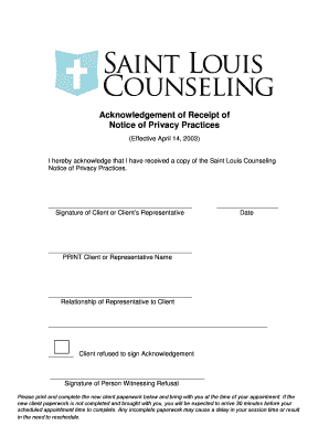 Fillable Online Acknowledgement of Receipt of - Saint Louis Counseling ...