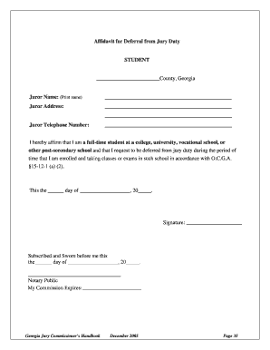 Fillable Online Affidavit for Deferral from Jury Duty Fax Email Print - pdfFiller