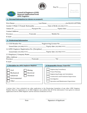 Fillable Online Renewal Application Form APEC Engineer First Name Fax ...