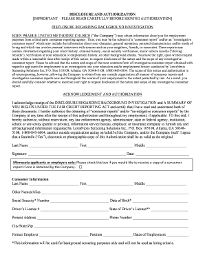 Fillable Online DISCLOSURE AND AUTHORIZATION - Background Screening ...