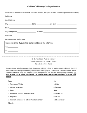 Fillable Online Library Card Application - Children - 7-14-16 ...