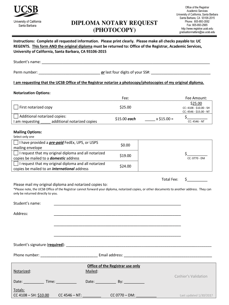Fillable Online registrar sa ucsb diploma notary request (photocopy) - UCSB Office of the ...