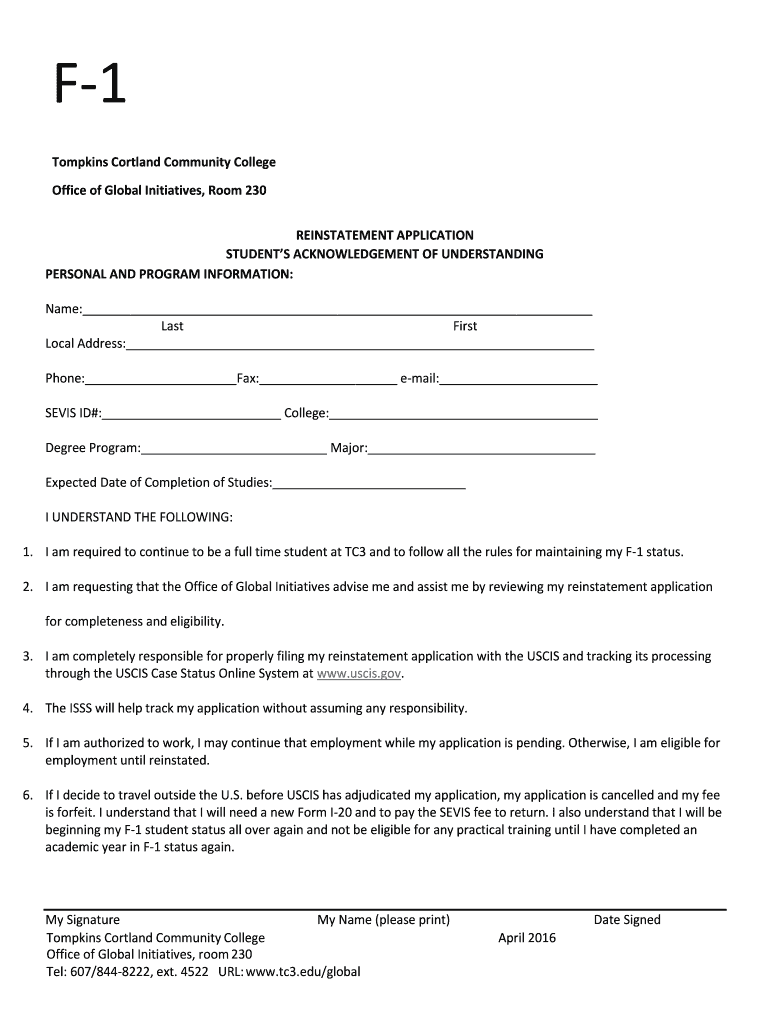 Fillable Online F-1 Status Reinstatement Acknowledgement of Understanding Fax Email Print ...