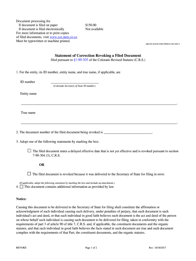 Fillable Online Statement of Correction Revoking a Filed Document Fax ...