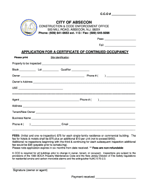Fillable Online Application for a Certificate of Continued Occupancy - City of Absecon Fax Email ...