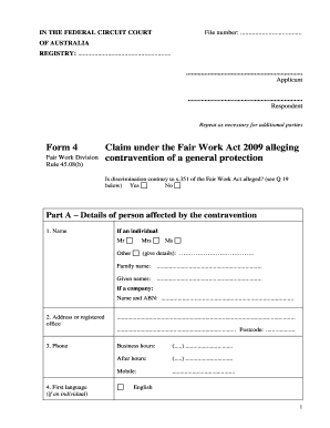 Fillable Online FWC Form 4 - Claim under the Fair Work Act 2009 ...