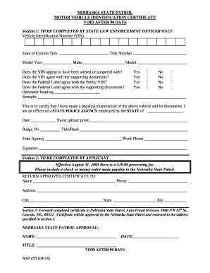 Fillable Online statepatrol nebraska 455 - Motor Vehicle Identification ...