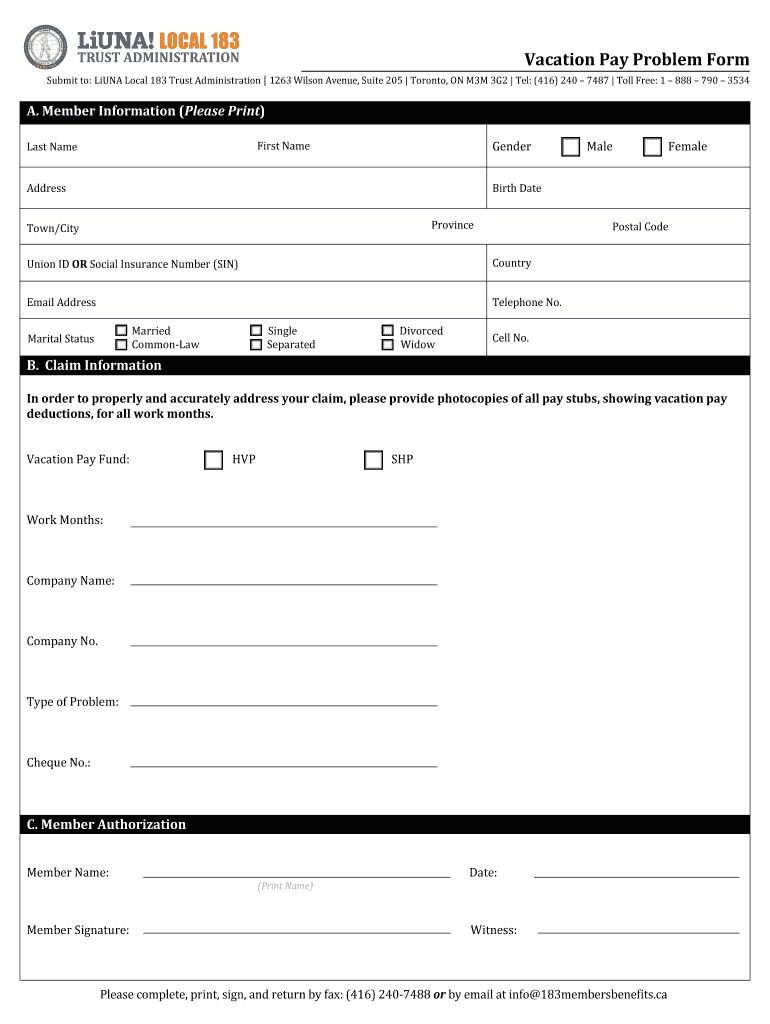 Liuna 183 Vacation Pay - Fill Online, Printable, Fillable, Blank | pdfFiller