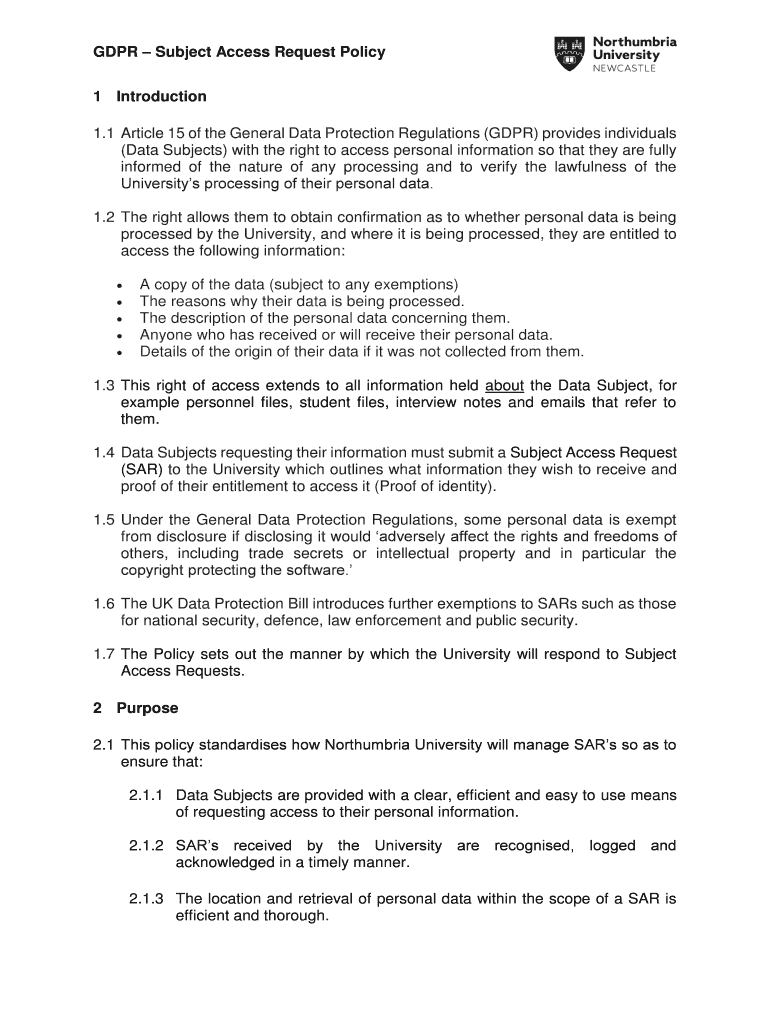 Fillable Online GDPR Subject Access Request Policy 1 Introduction Fax ...