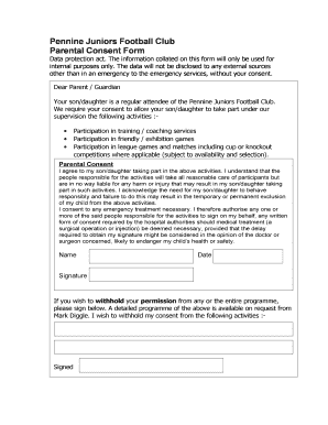 Fillable Online Pennine Juniors Football Club Parental Consent Form Fax ...