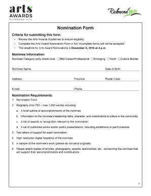 Fillable Online Arts Awards Nomination Form - Town of Richmond Hill Fax ...