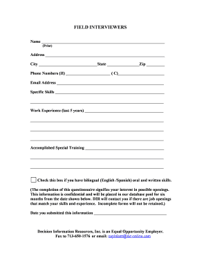 Fillable Online field form - Decision Information Resources, Inc. Fax ...