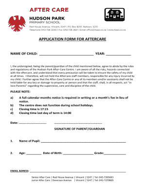 Fillable Online application form for aftercare - hudson park Fax Email ...
