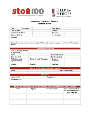 Fillable Online Veterans' Outreach Service Referral Form Fax Email ...