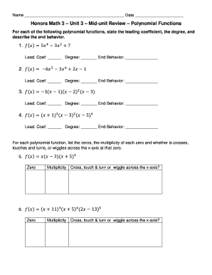 Fillable Online Honors Math 3 Unit 3 Mid-unit Review Polynomial ...