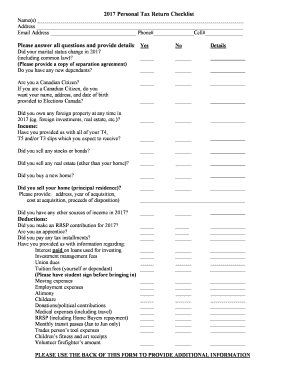 Fillable Online 2017 Personal Tax Return Checklist Please answer all ...