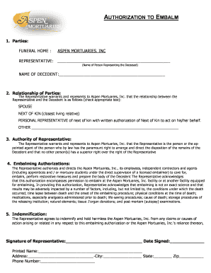 Fillable Online AUTHORIZATION TO EMBALM Fax Email Print - pdfFiller