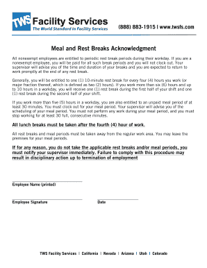 Fillable Online Meal and Rest Breaks Acknowledgment - TWS Facility ...