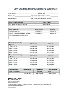Fillable Online Early childhood hearing screening worksheet. Hearing ...