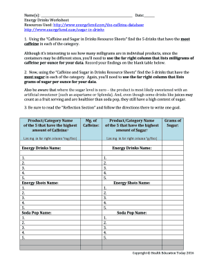 Fillable Online Energy Drinks Worksheet.docx Fax Email Print - pdfFiller