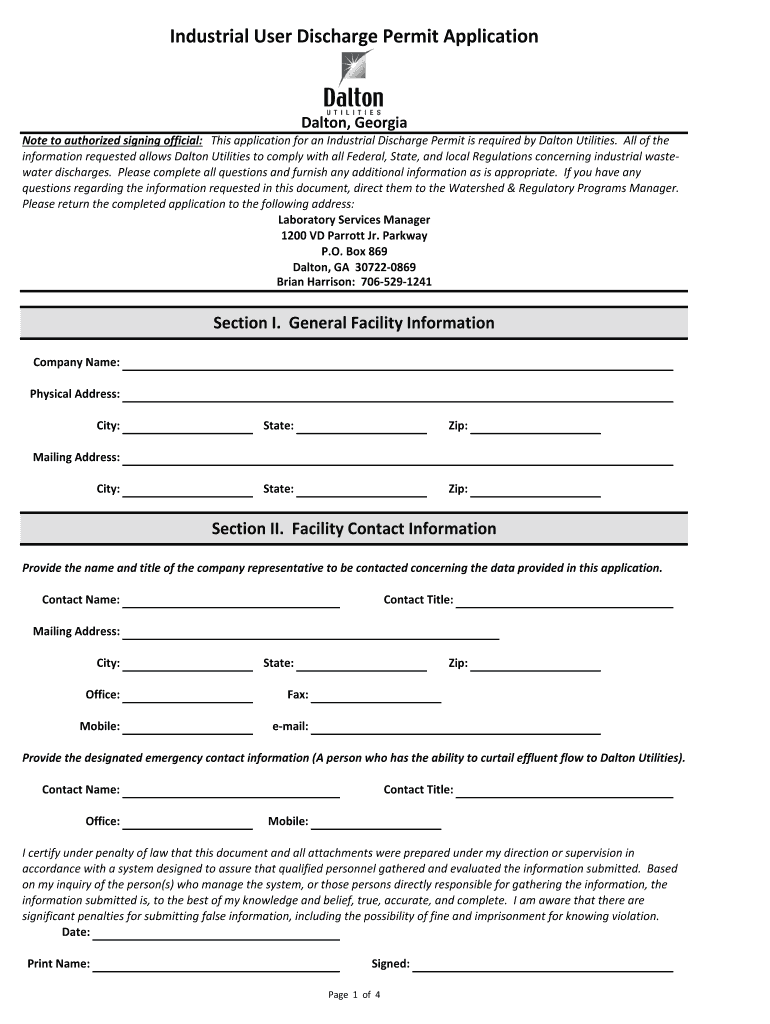 Fillable Online Industrial User Discharge Permit Application - Dalton ...