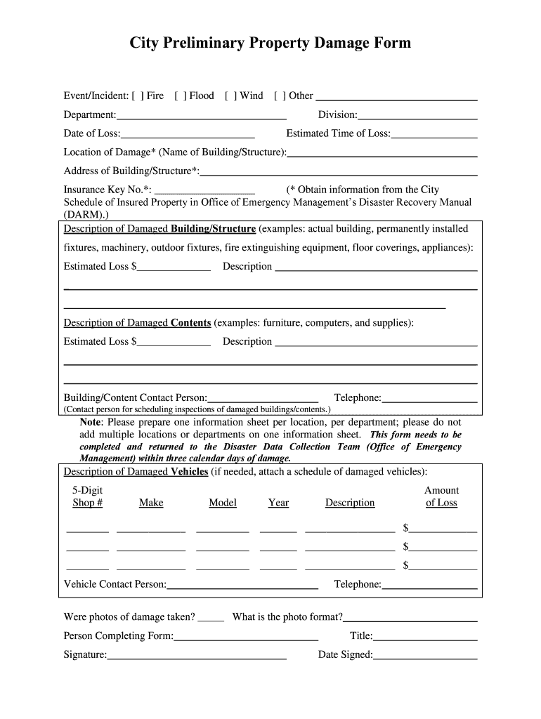 Fillable Online City Preliminary Property Damage Form Fax Email Print ...