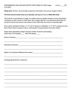 Fillable Online NECRONOMICON 2016 COSTUME CONTEST ENTRY FORM Fill in ...