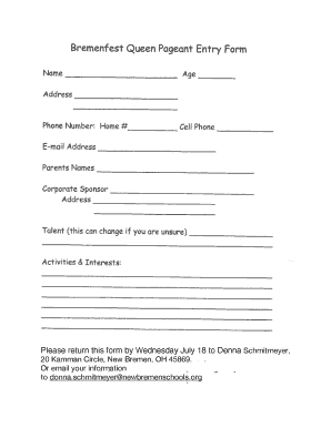 Fillable Online Bremenfest Queen Pageant Entry Form Fax Email Print ...