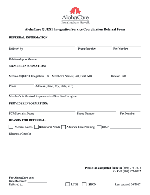 Fillable Online AlohaCare QUEST Integration Service Coordination ...