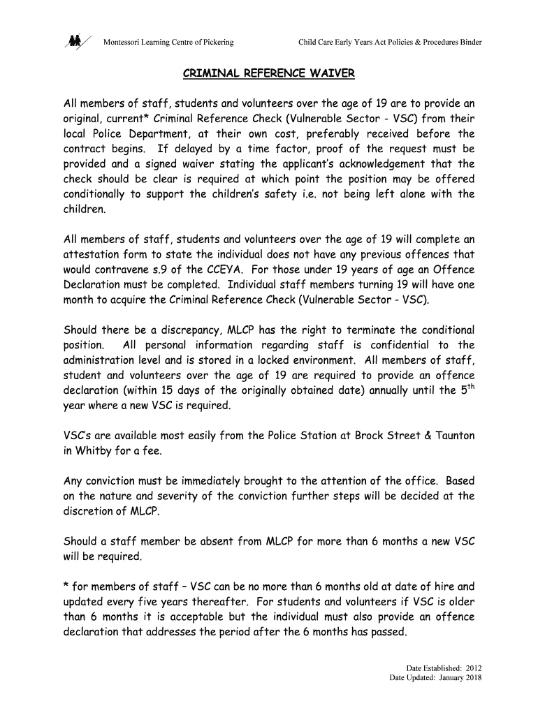 Fillable Online CRIMINAL REFERENCE WAIVER All members of staff ...