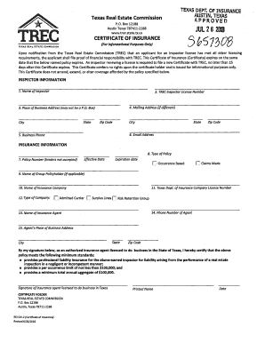 Fillable Online TREC Certificate of Insurance Fax Email Print - pdfFiller