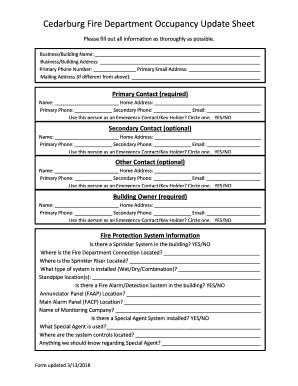 Fillable Online Cedarburg Fire Department Occupancy Update Sheet Fax ...