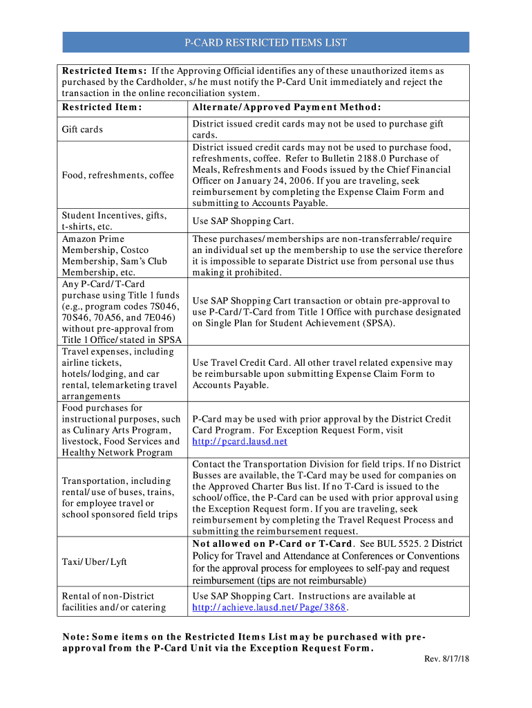 Fillable Online P-CaRD RESTRICTED ITEMS LIST Fax Email Print - pdfFiller