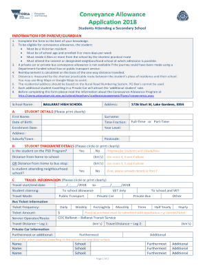 Fillable Online Conveyance Allowance Application 2018 - Ballarat High ...