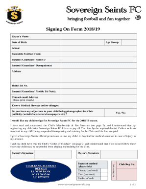 Fillable Online Signing On Form 2018/19 - sovereign saints fc Fax Email ...