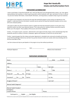 Fillable Online Hope Not Handcuffs Intake and Authorization Form Fax ...