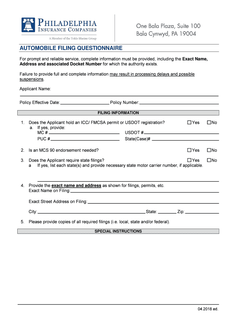 Fillable Online AUTOMOBILE FILING QUESTIONNAIRE Fax Email Print - pdfFiller