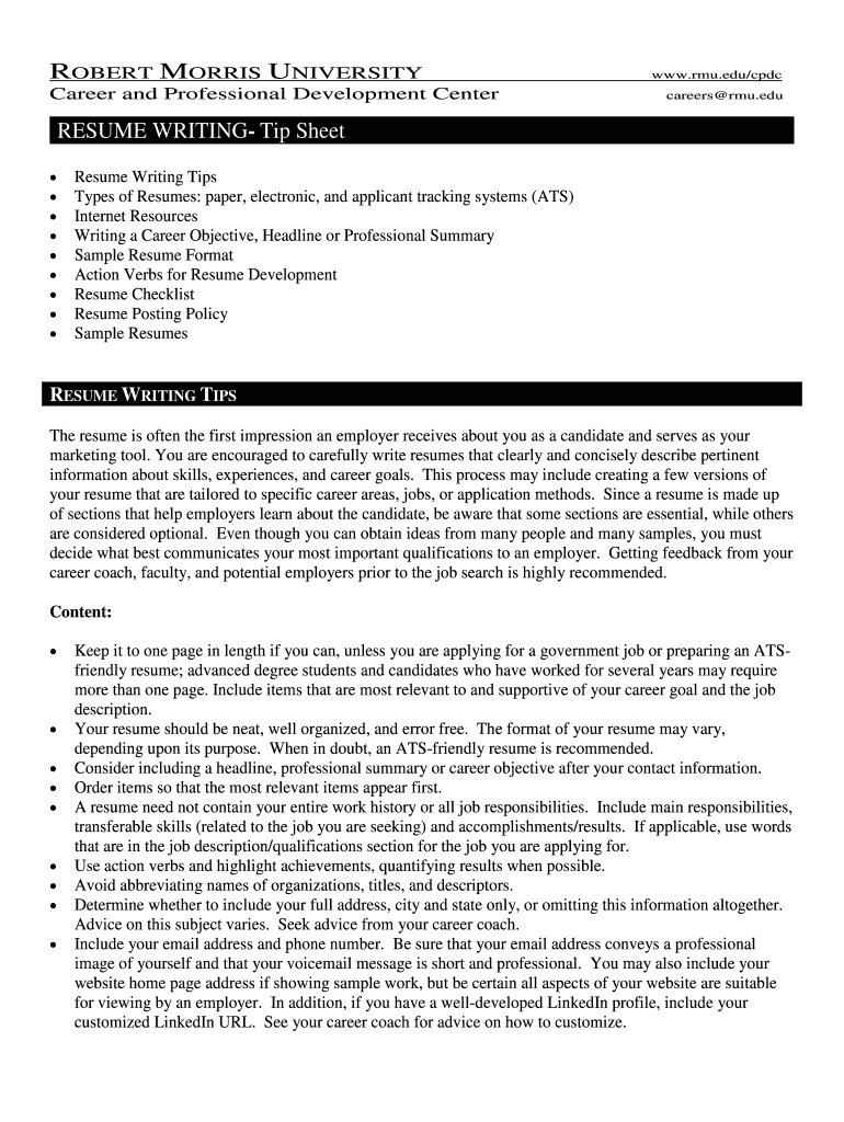 Fillable Online RESUME WRITING- Tip Sheet Fax Email Print - pdfFiller