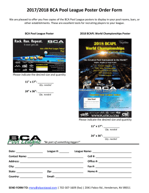 Fillable Online 2017/2018 BCA Pool League Poster Order Form Fax Email ...