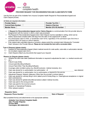Fillable Online Provider Request for Reconsideration and Claim Dispute Form. Reconsideration and ...