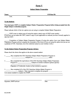 Fillable Online Form V - Subject Matter Preparation Verification Fax ...