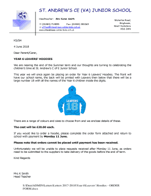 Fillable Online Year 6 Leavers' Hoodies - ORDER FORM - St. Andrew's CE ...