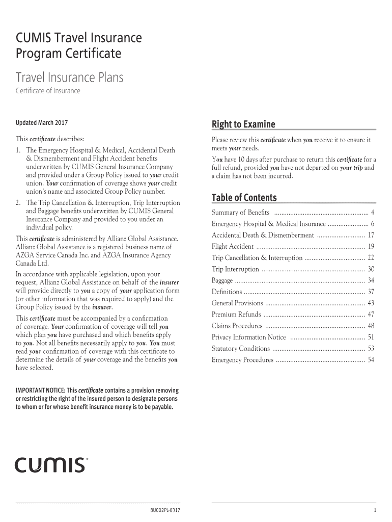 Fillable Online CUMIS Travel Insurance Program Certificate Travel ...