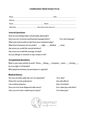 Fillable Online Confidential Client Intake Form - DeepFeet Fax Email ...