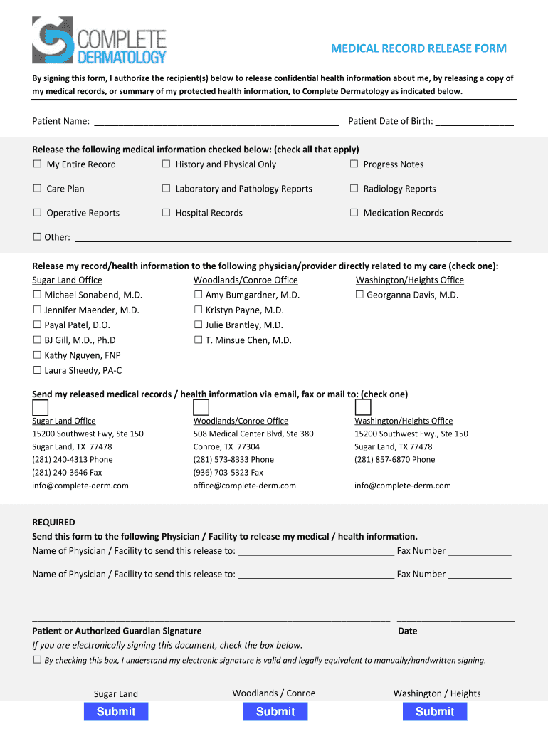 Complete Dermatology Medical Record Release Form - Fill and Sign ...