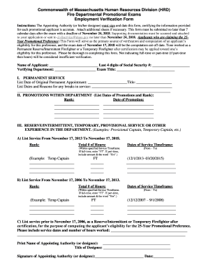 Fillable Online Employment Verification Form for Fire Promotional Exams ...